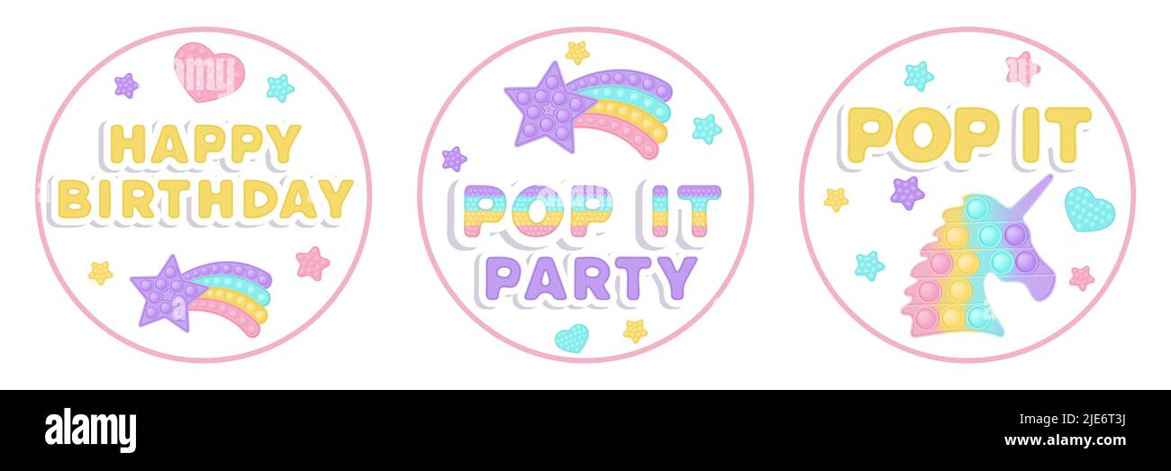 Set of three Birthday favor tags popi it fidget toy vector design with ...