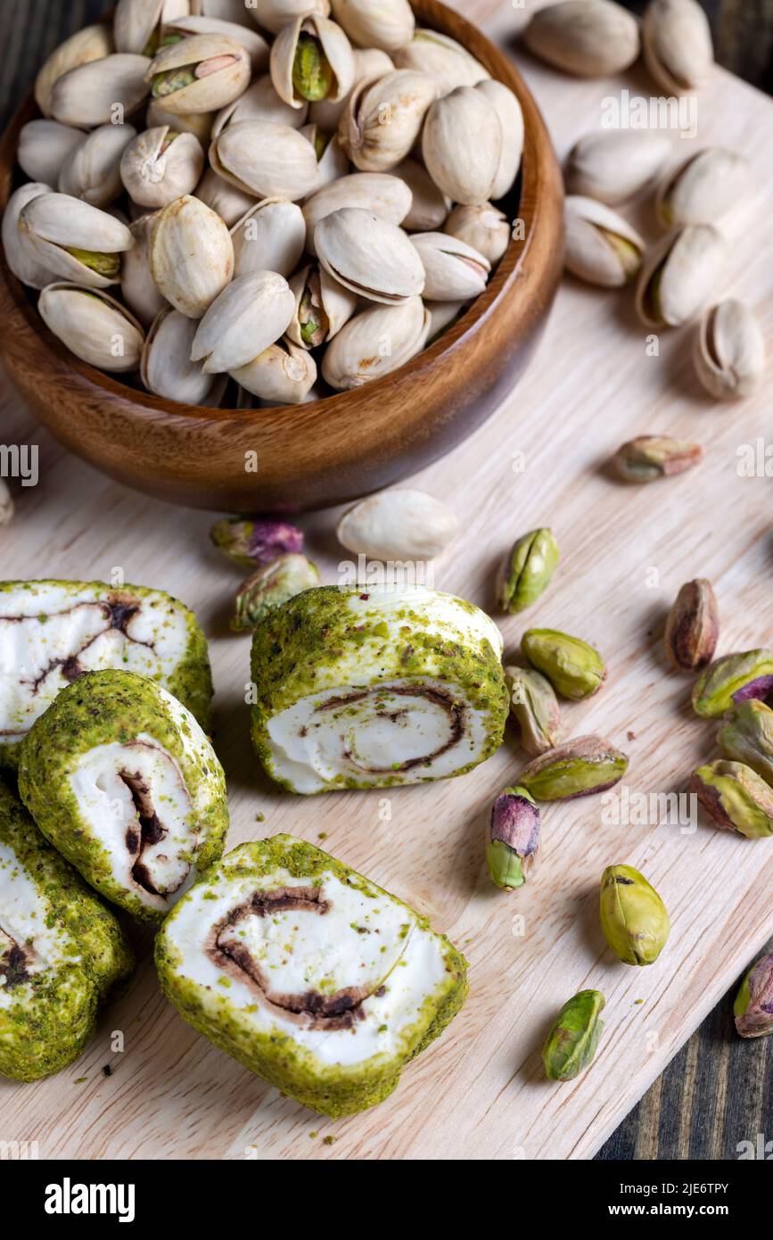 soft Turkish delight confection with pistachio nuts and chocolate ...