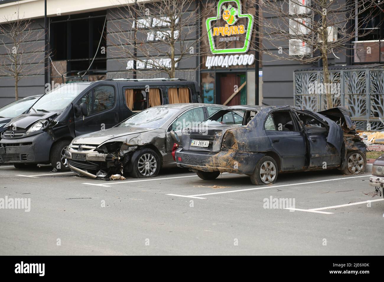 Bucha, Ukraine - April 12, 2022: Cars smashed and burnt by the russian ...