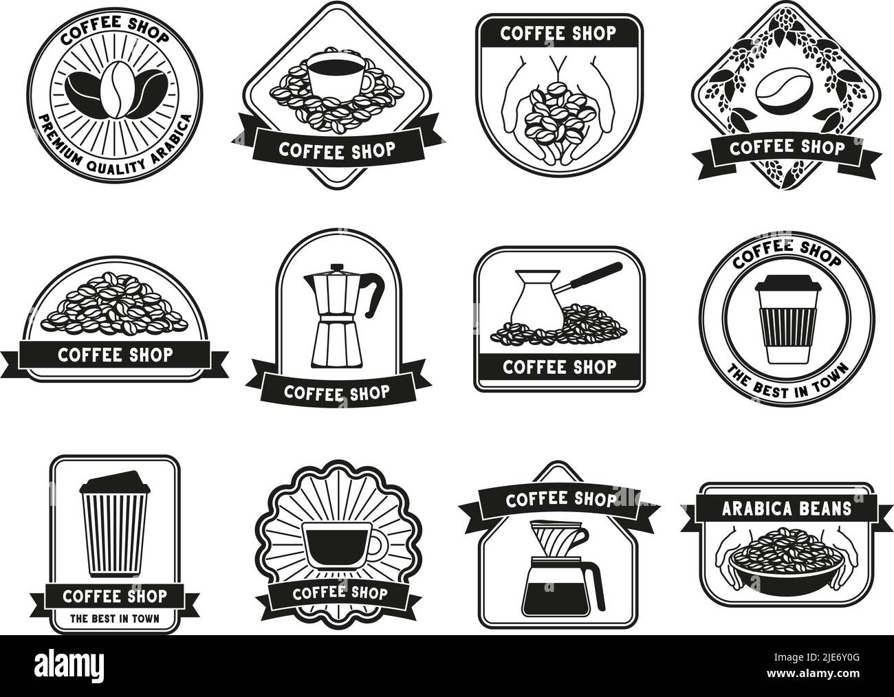 Coffee shop badges. Cafe labels with espresso cup, coffee pot and ...