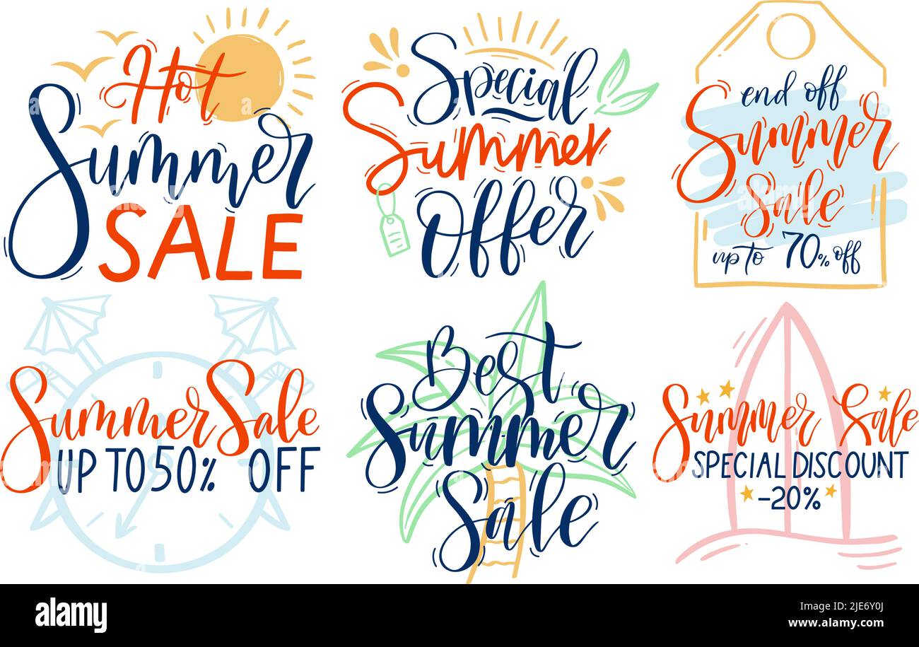 Summer sale. Special offer lettering, season discount and tropical ...
