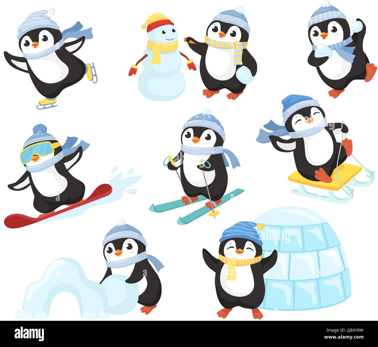 Penguin in winter activities. Little cute cartoon penguins characters ...