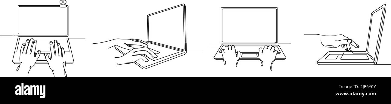 One line laptop with hands. People typing on notebook computer keyboard ...