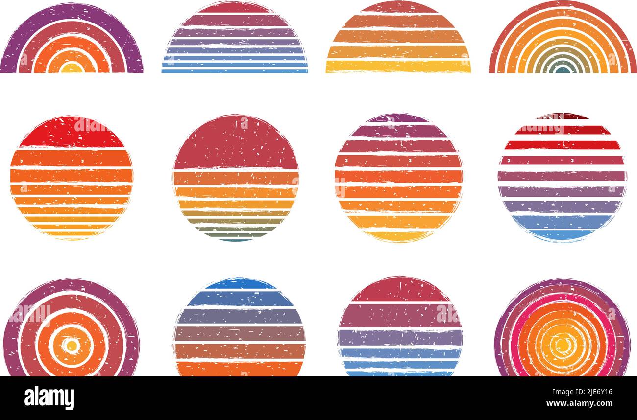 Retro sun circles. Vintage striped sunset and retro sunrise gradient ...