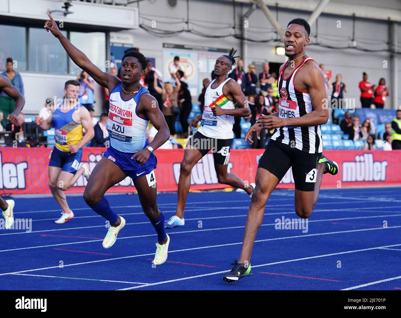 Jeremiah Azu wins in the Men’s 100m Final during day two of the Muller ...