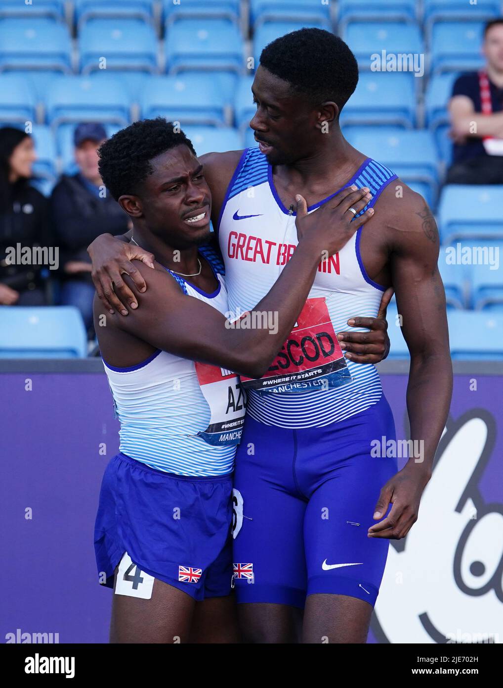 Jeremiah Azu celebrates winning in the Men’s 100m Final during day two ...