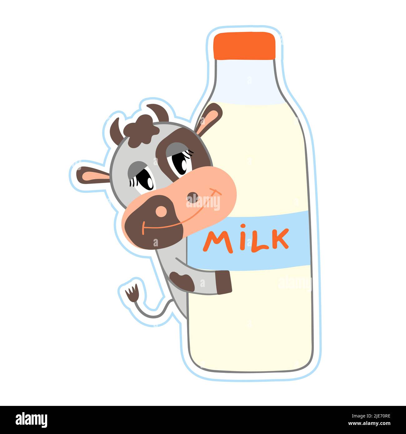 Cute cow with a bottle of milk. sticker. Cartoon flat vector ...
