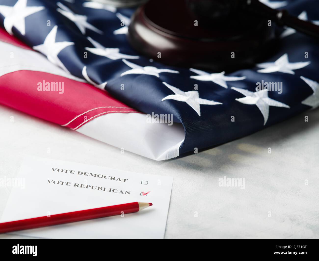 American flag wooden gavel, ballot paper and pencil. Isolated on white ...