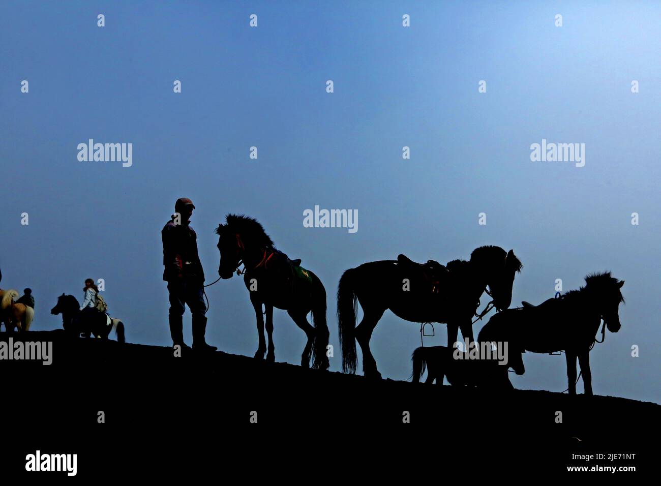 Silhouette of horse and rider on mount bromo, bromo tengger semeru ...