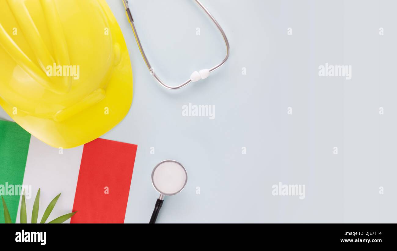Medical care and insurance of workers in Italy. Italian flag ...