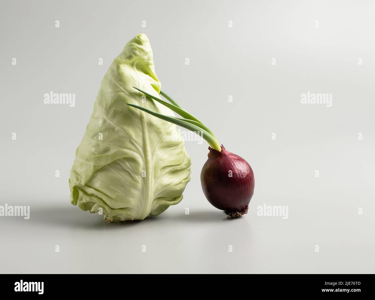 Cone head cabbage and red onion for dietary, vegan on a white ...