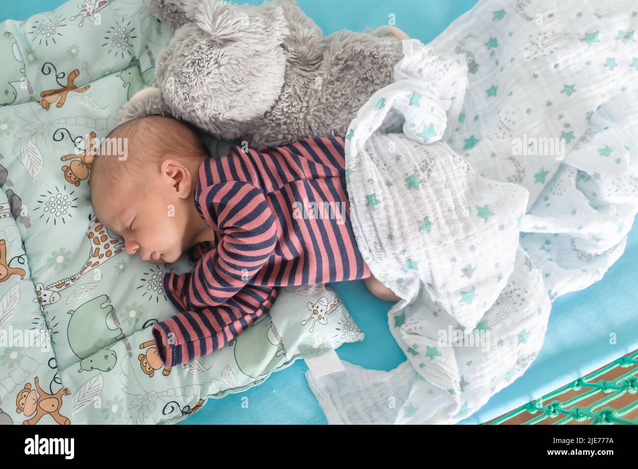 Cute little peaceful baby calm sleeps soundly in his crib with his baby ...