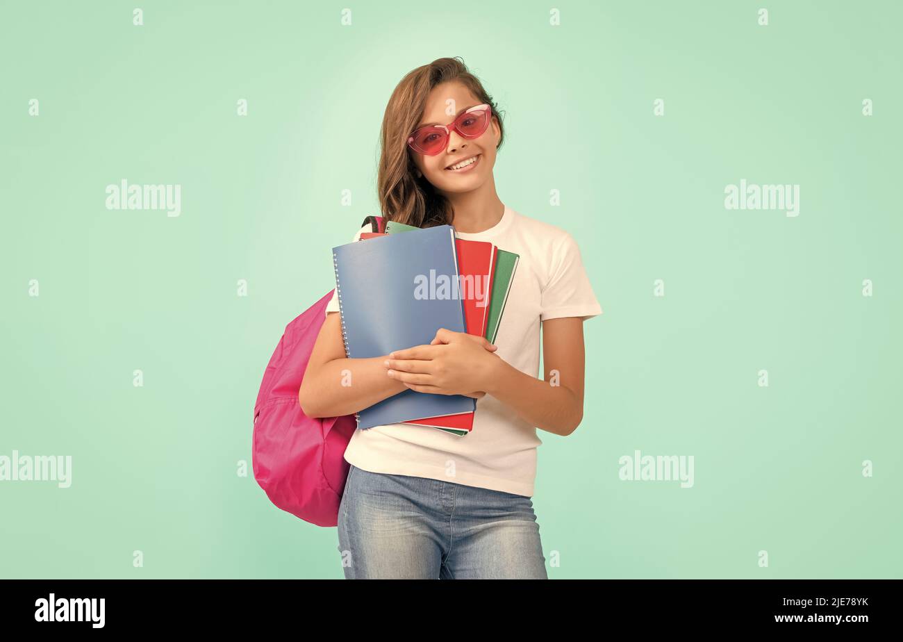student child with school bag. high school. happy teen girl carry ...