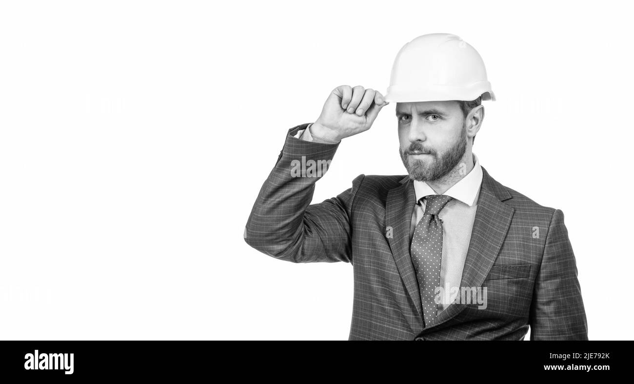 confident businessman man in suit and safety helmet isolated on white ...