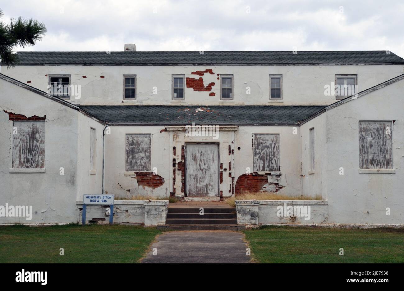 The boarded-up former adjutant's office and officers' quarters at Fort ...