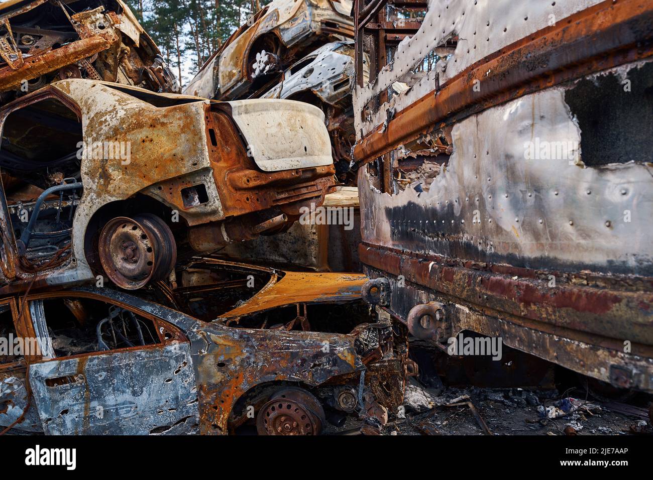 Exploded cars lying in pile in Irpin after Russian occupation Stock ...