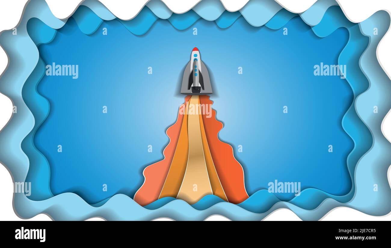papercut postcard .rocket launch against the sky and clouds . vector ...