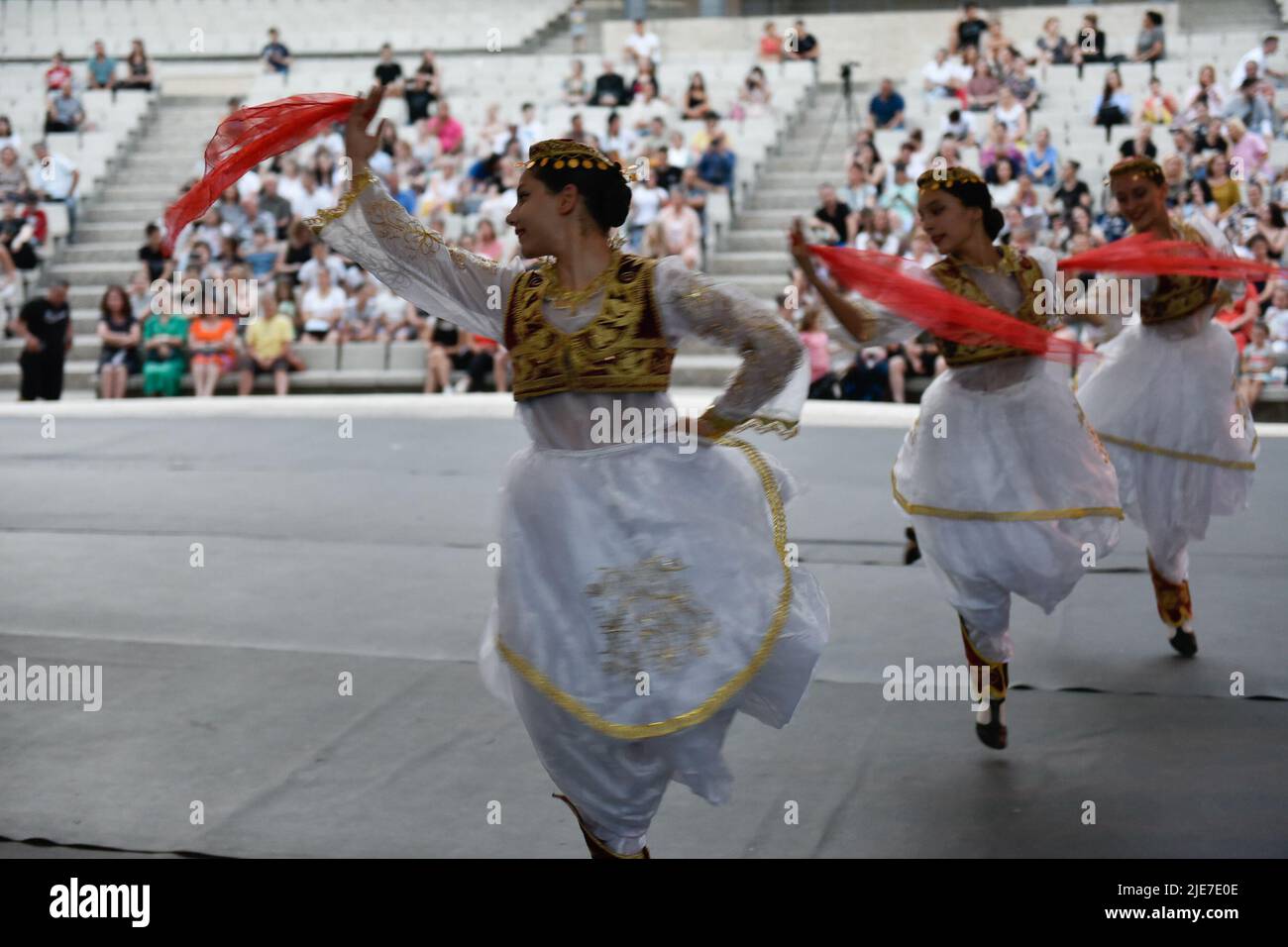 Tirana, Albania. 24th June, 2022. Albanian folk dancers with ...
