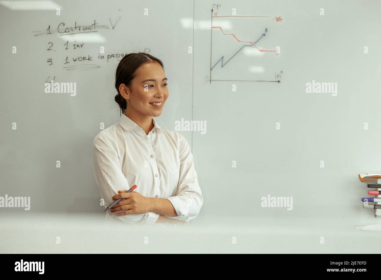 Portrait of asian business woman on background of project planning ...