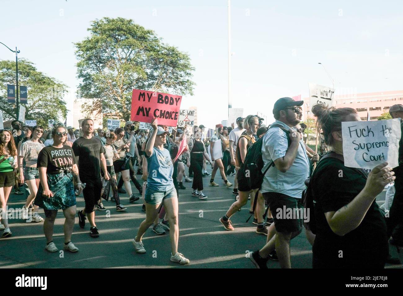 Detroit, United States. 24th June, 2022. Protesters hold placards while ...