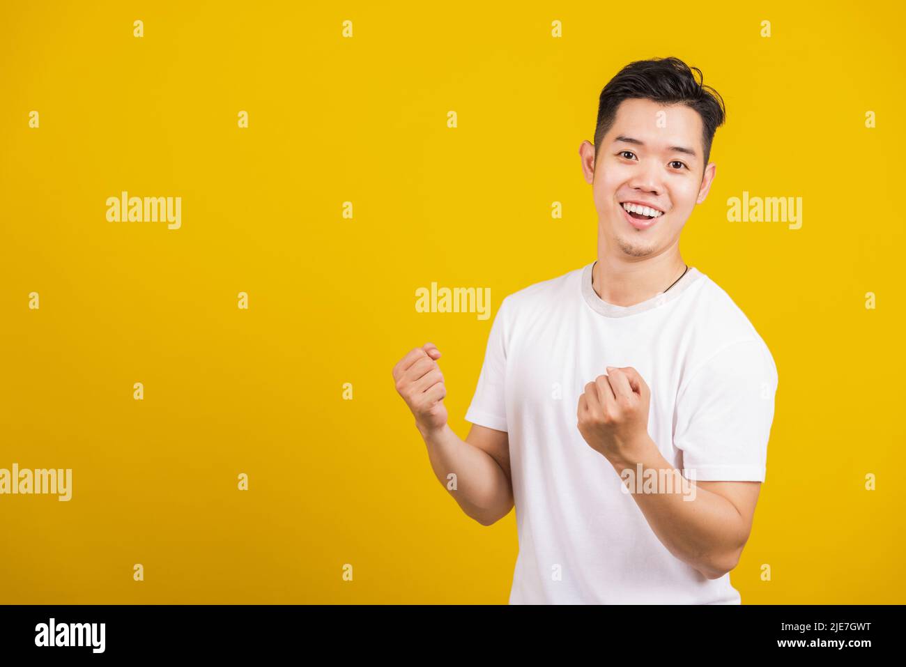 Asian handsome young man smiling positive shaking hands enthusiastic ...