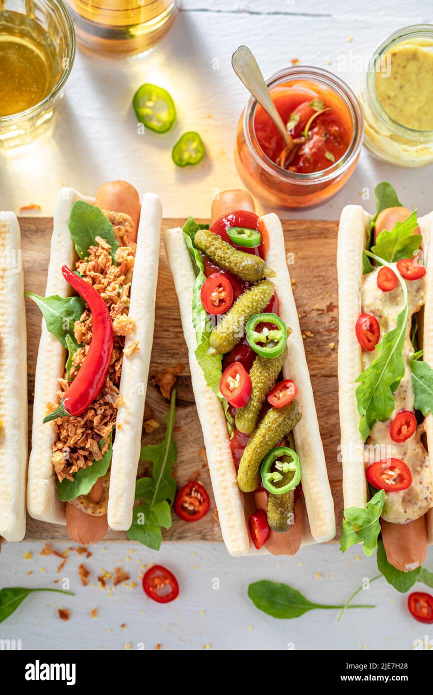 Spicy and delicious hot dogs as appetizers for summer party. Hot dogs ...