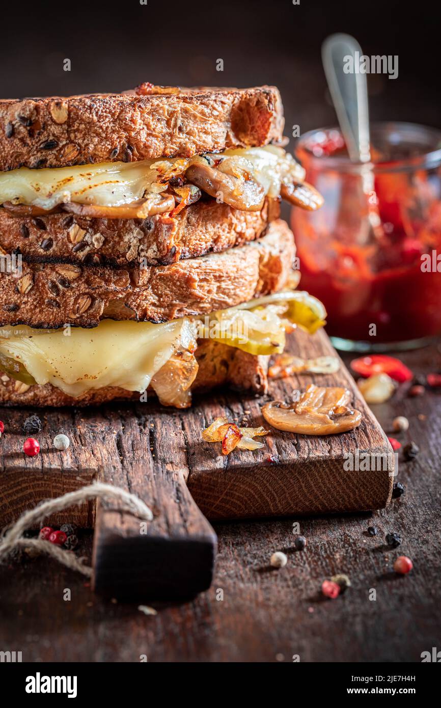 Rustic and unhealthy toasts with cheese, mushrooms and onion. Toasts ...