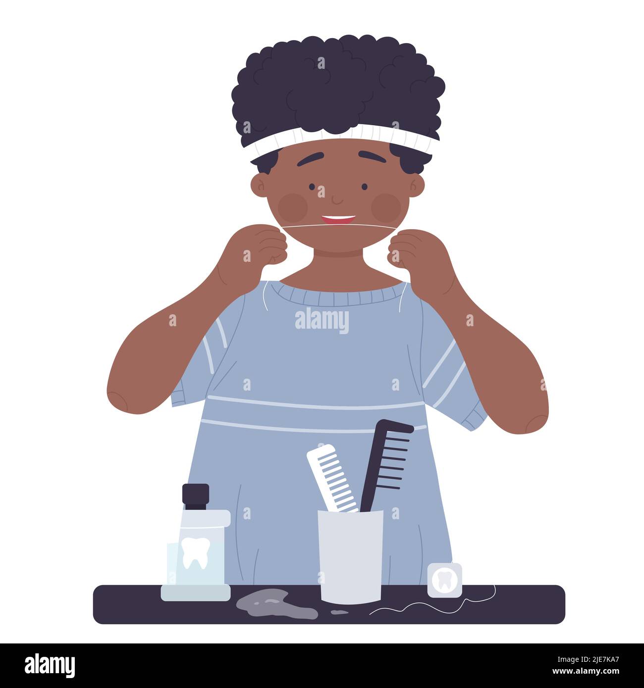 Little boy cleaning teeth with dental floss. Morning routine, hygiene ...
