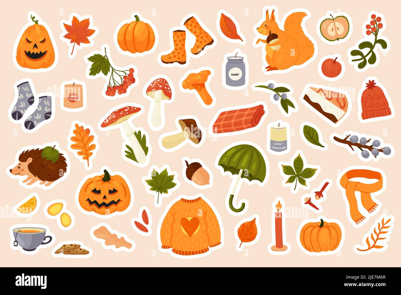 Autumn stickers pack set vector illustration. Cartoon autumn collection ...