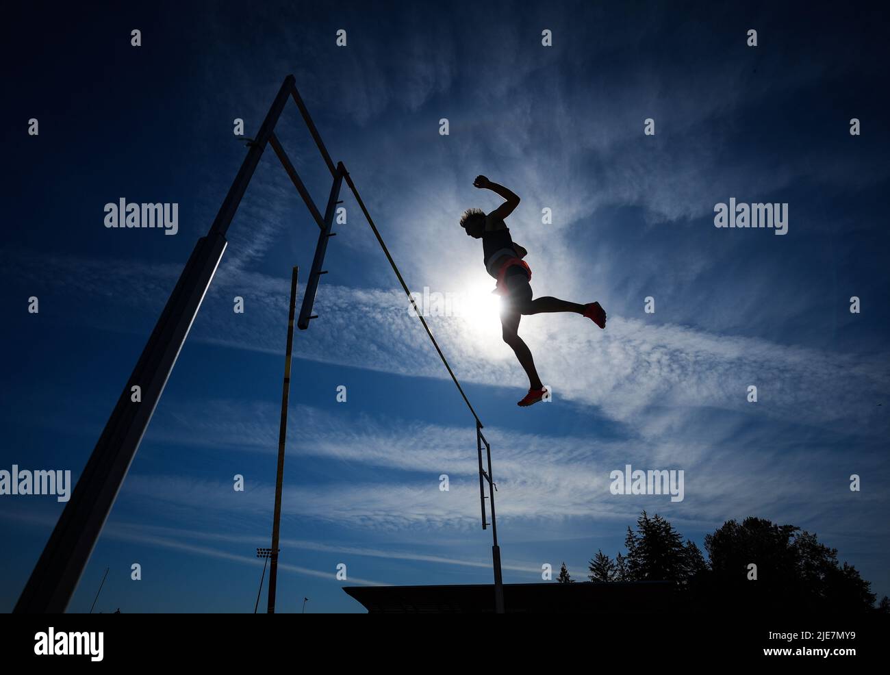 Spencer Allen, of Edmonton, Alta., competes in the men's pole vault ...