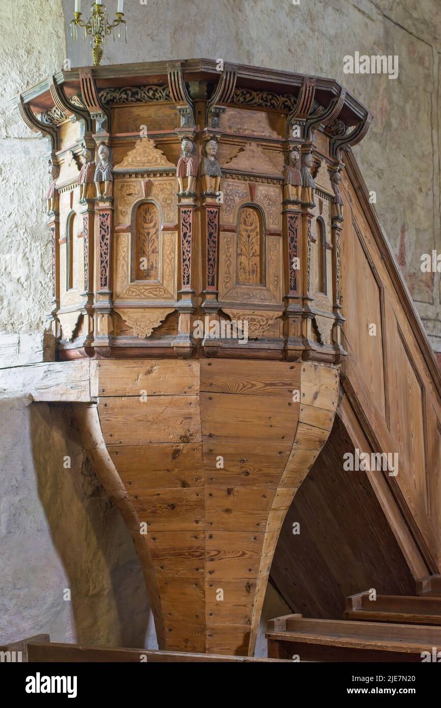 Old wooden pulpit of an medieval stone church of Messukylä in Tampere ...