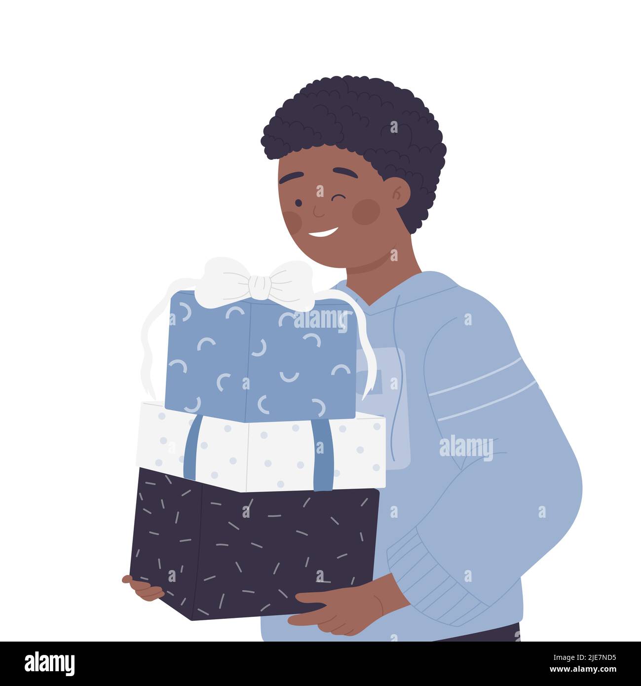 Excited little boy with presents boxes. Unpacking gift surprise vector ...