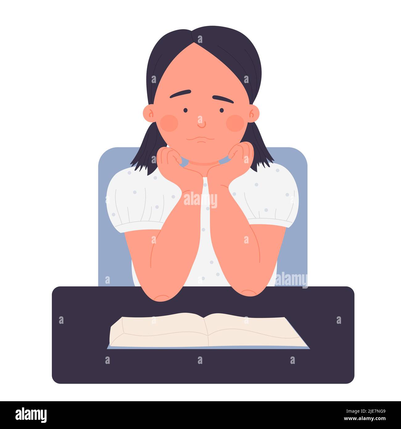 Exhausted little girl pupil. Tired child with studying school book ...