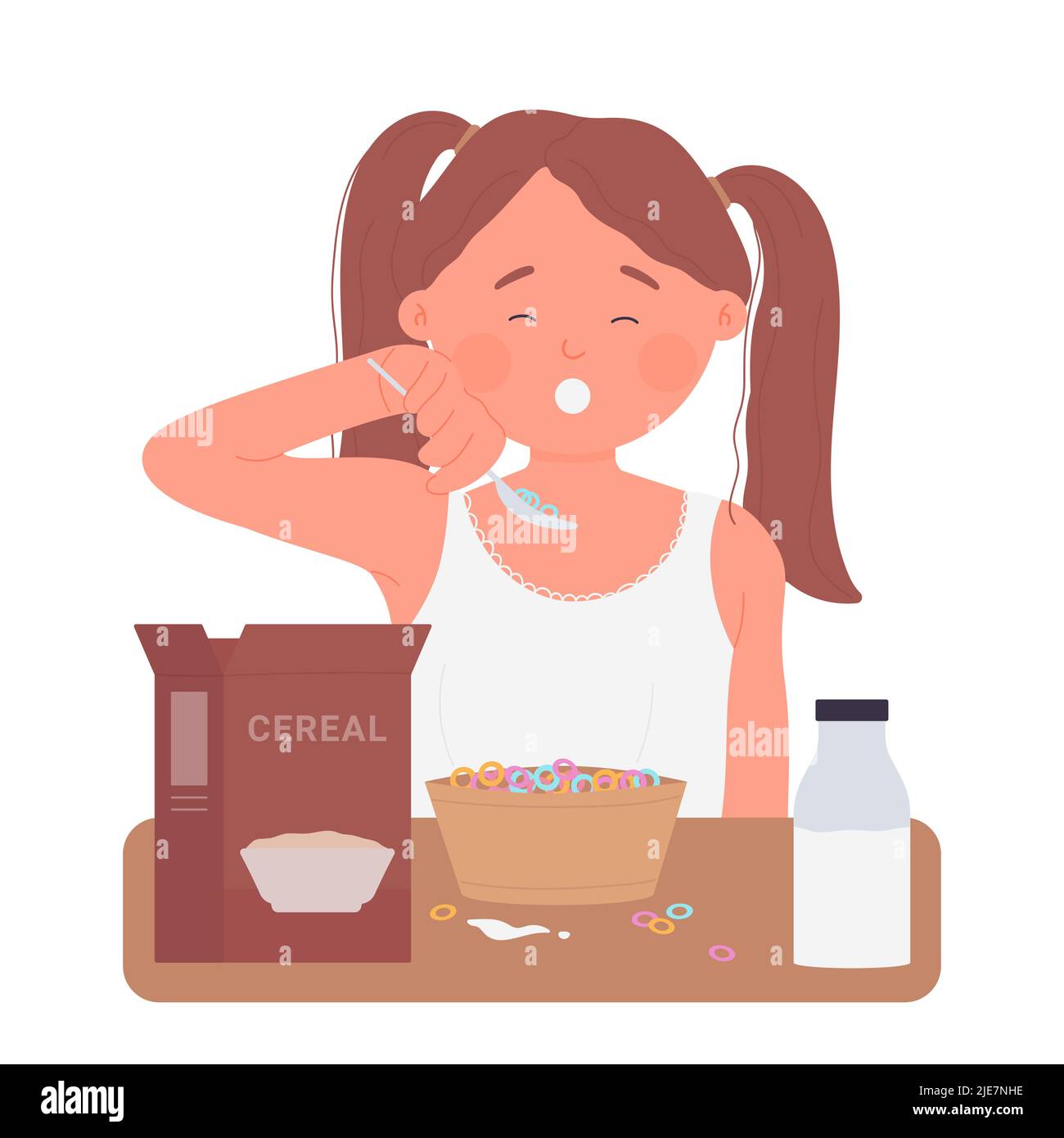 Little girl eating morning cereals. Healthy grains breakfast, food menu ...