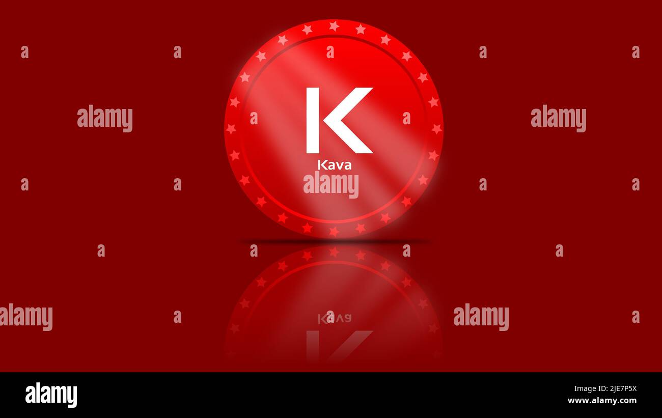 kava crypto currency coin on red background with its reflection. kava ...