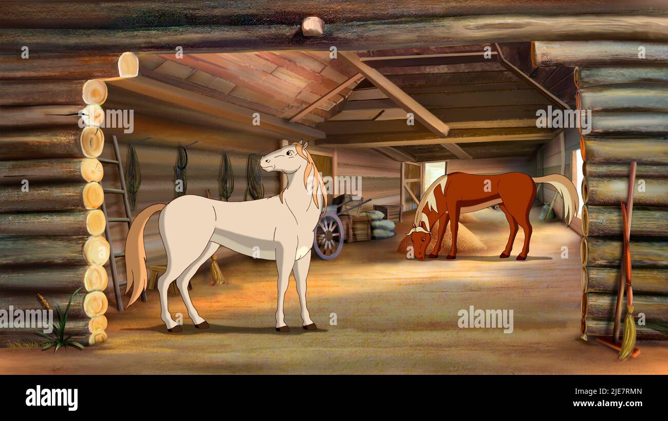 Horses in the stable. Digital Painting Background, Illustration Stock ...