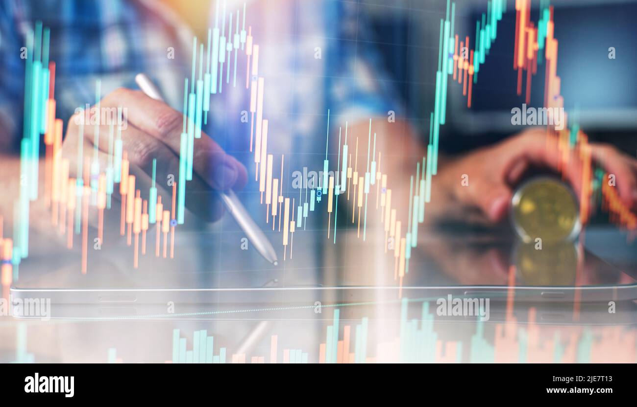 Businessman touch bitcoins with arrows pointing down as Bitcoin BTC price falls, Cryptocurrency ...