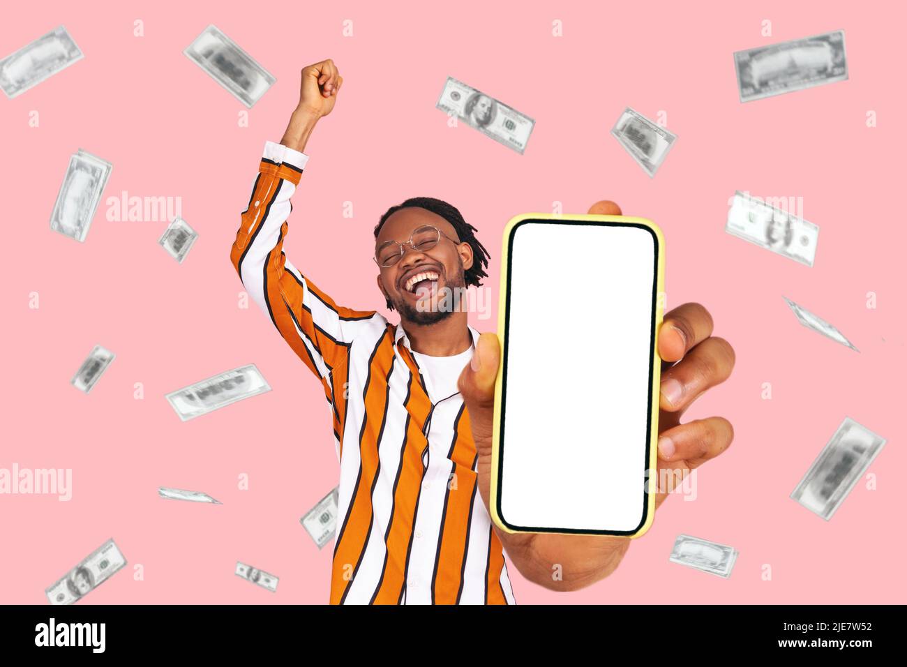 Online investment, winner overjoyed rich man and dollars money earning ...