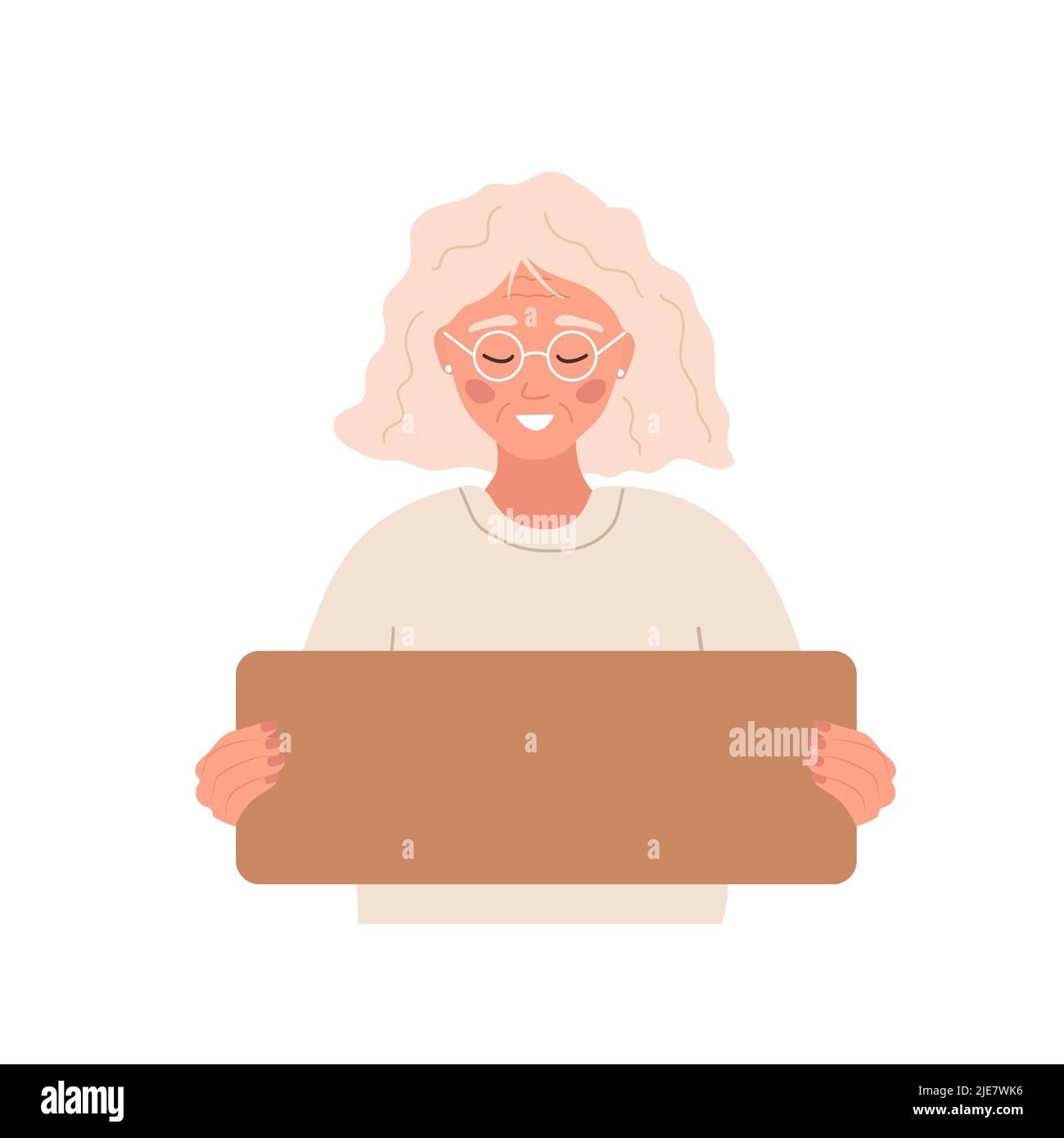 Elderly woman holding cardboard blank sign. Template for your slogan ...
