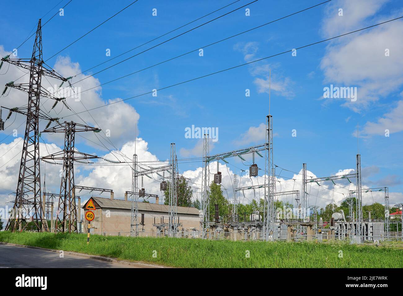 high-voltage electrical substation against the blue sky Stock Photo - Alamy