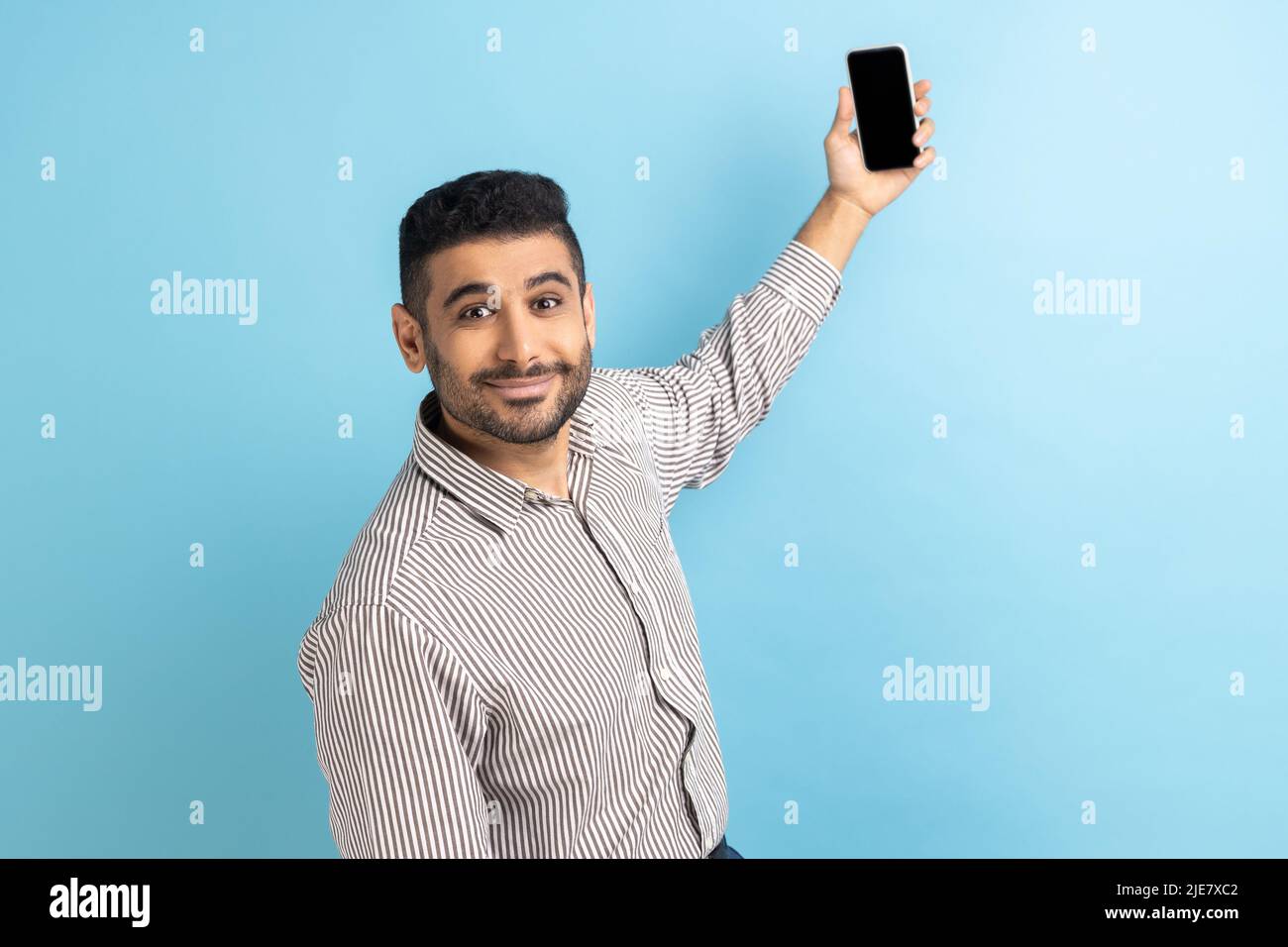 Portrait of businessman talking video call, taking selfie on mobile ...