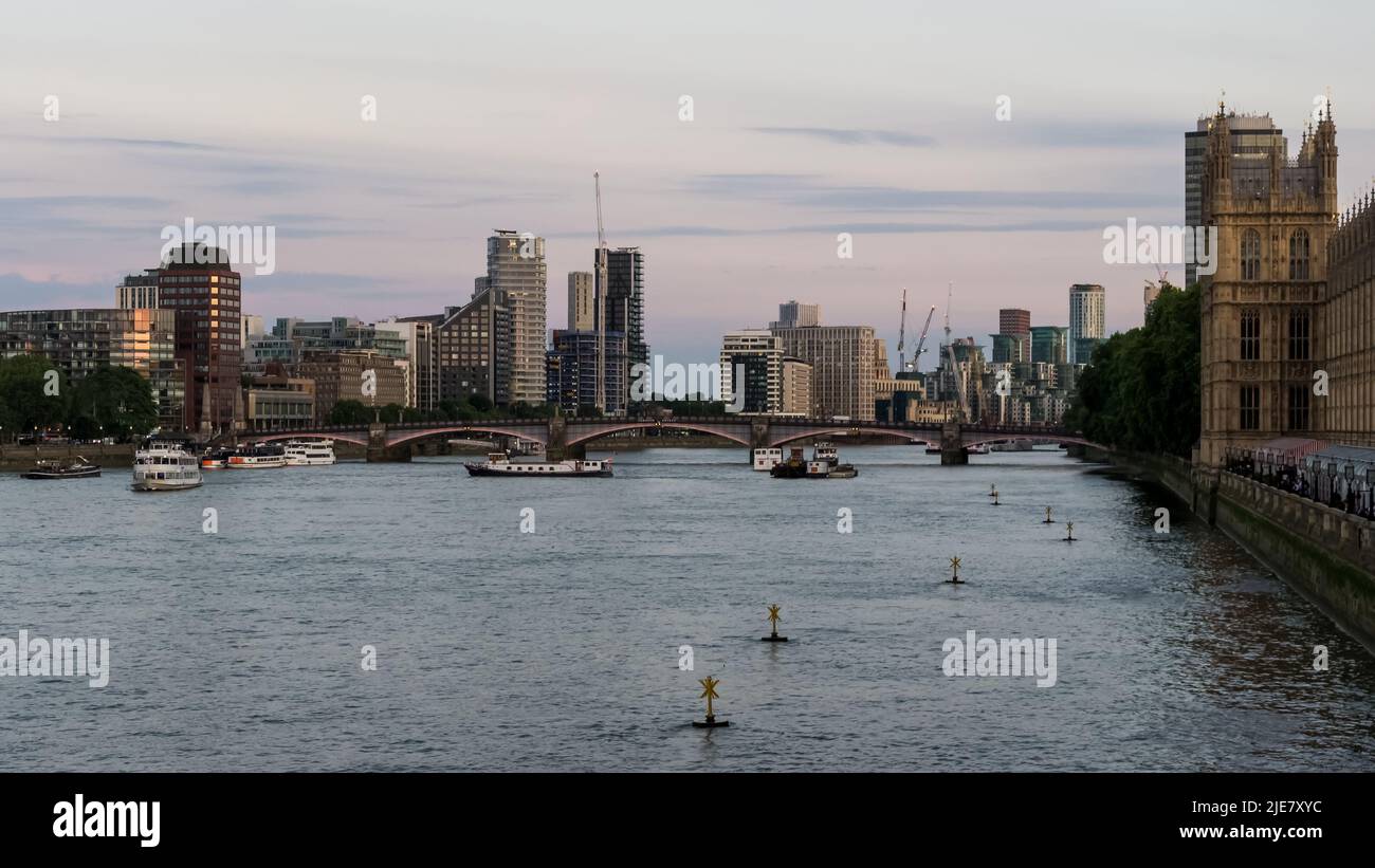 View of London's north bank of the River Thames in the City of ...