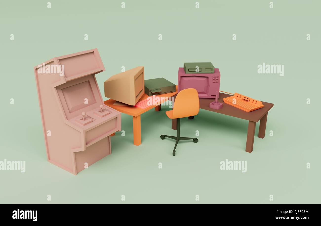 3d render of Arcade room element table and game machine isolated on ...