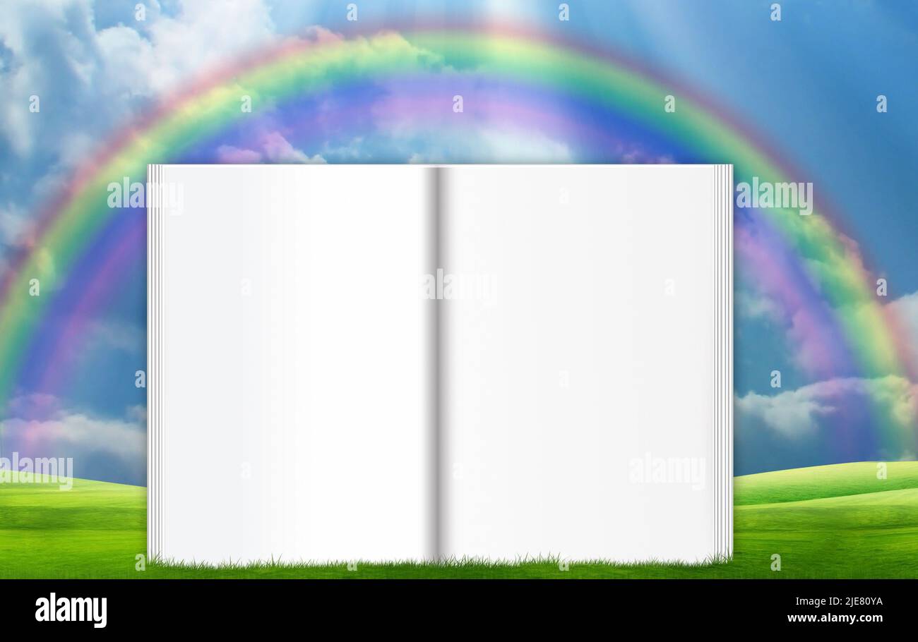 Open book on the grassland with sunlight background and rainbow Stock ...