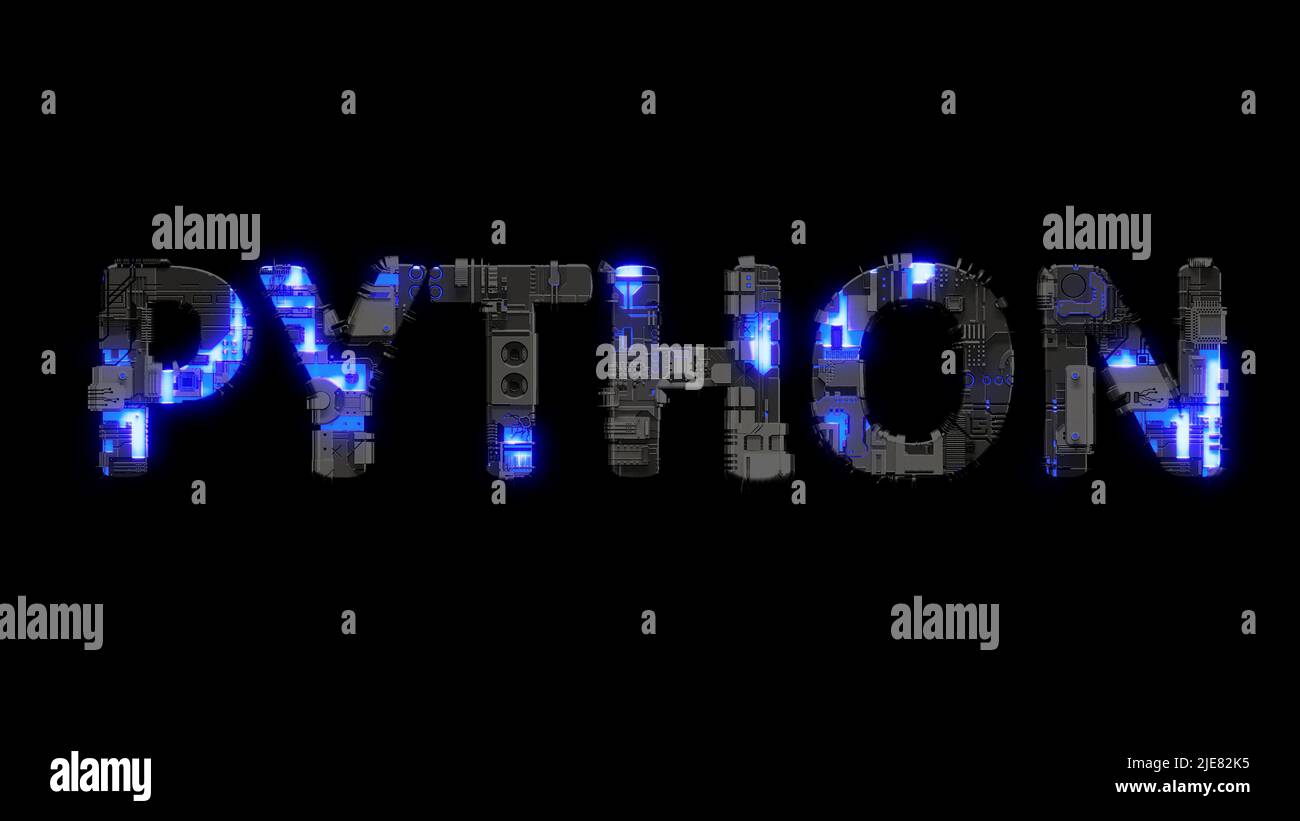 modern cybernetic text PYTHON shining blue electric light, isolated ...