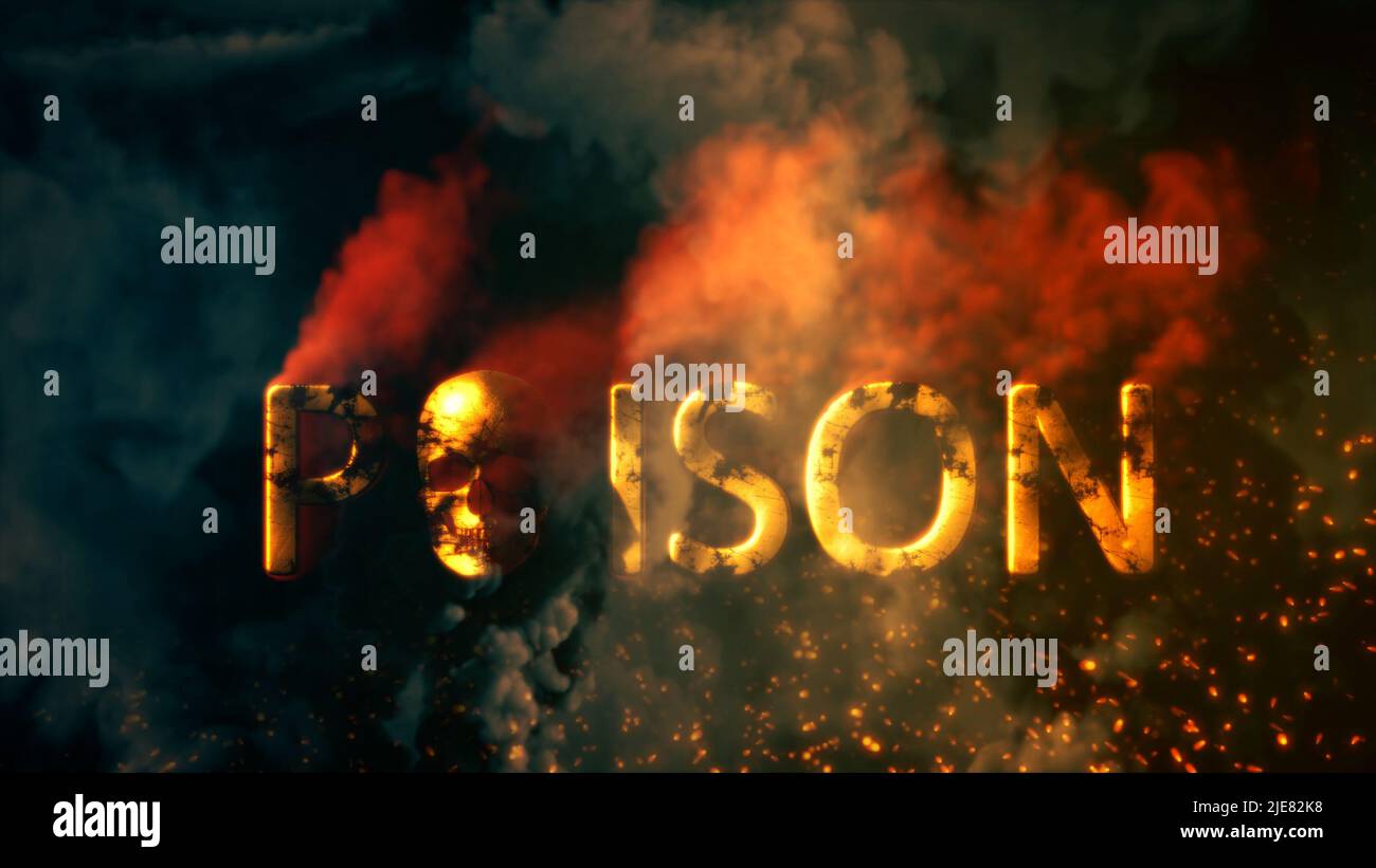 Text poison with skull burning on dark smoke bg - abstract 3D rendering ...
