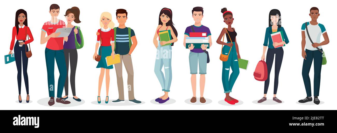 Diverse group of students set vector illustration. Cartoon different ...