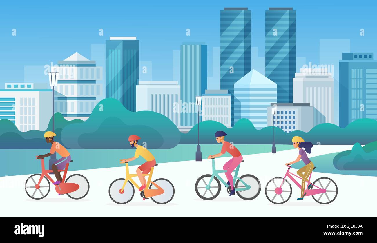 Cyclists ride bikes in modern urban landscape vector illustration ...