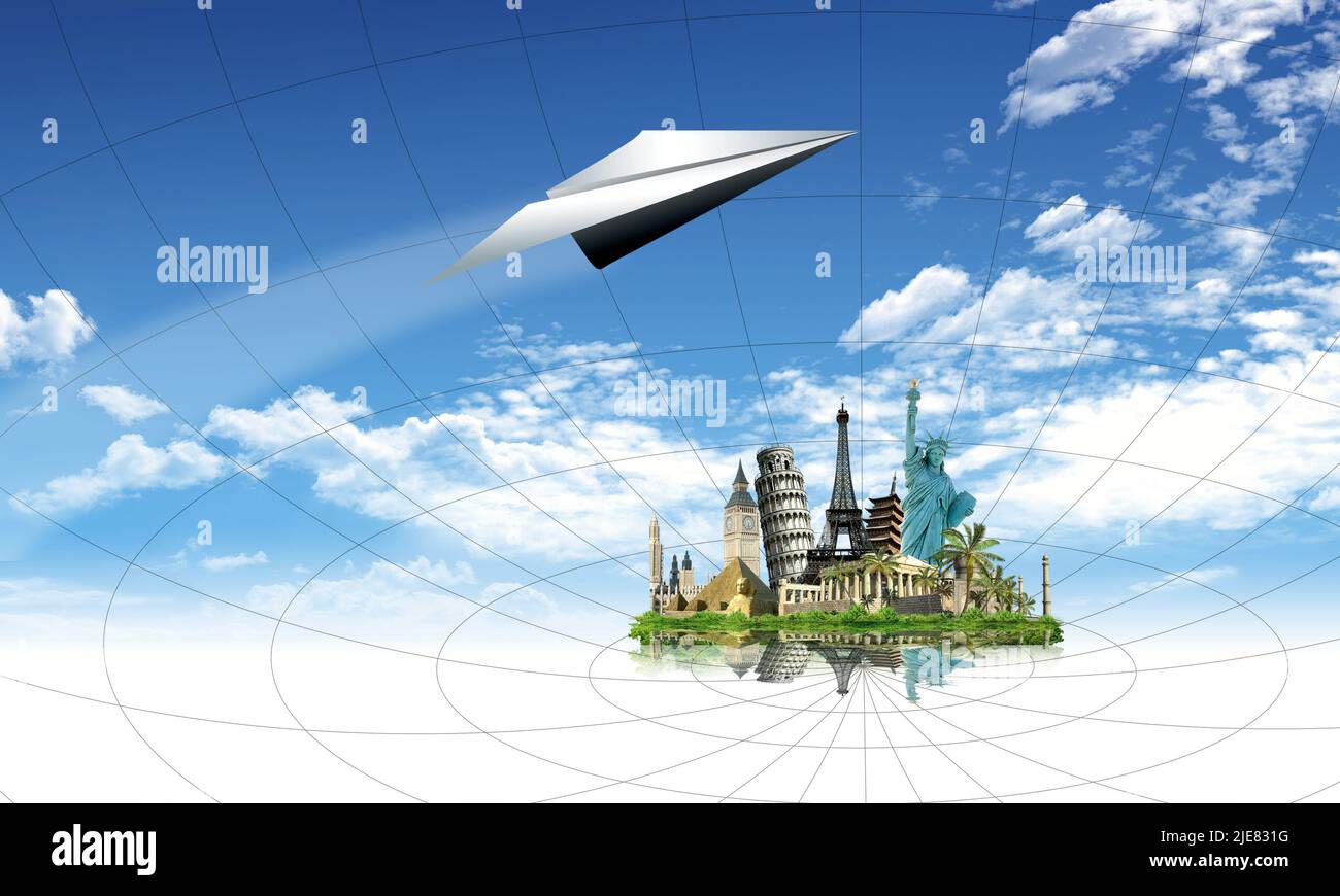 Travel around the world: airplane is flying in the sky and over the ...