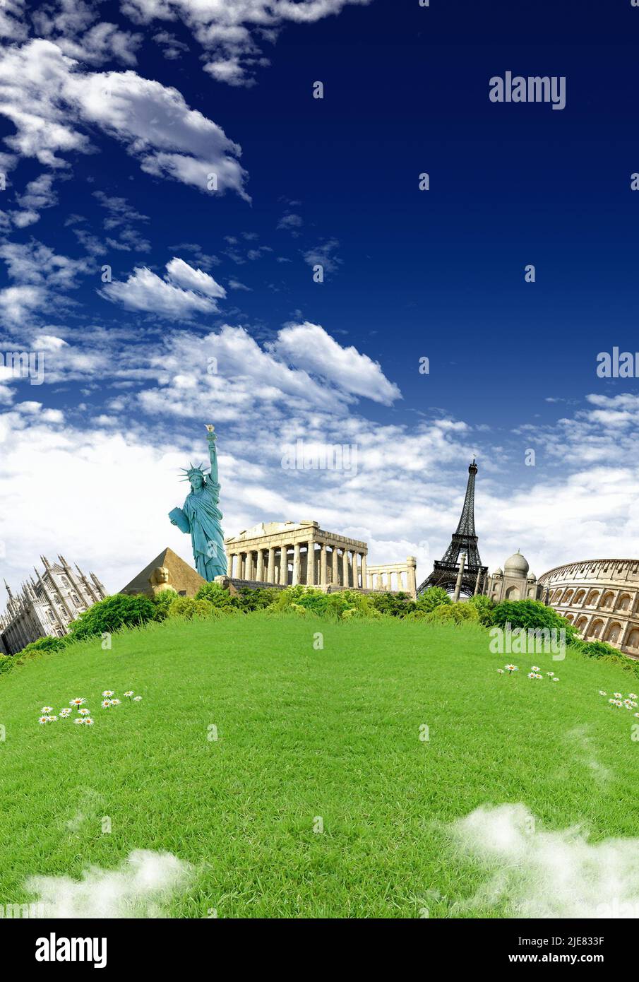 Travel around the world: landmarks with grassland and blue sky with ...